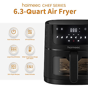HAIMEEC Air Fryer 8-in-1 with 6.3 Qt Capacity and Easy View Windows, Max 400F, 95% Less Oil, 100+ Recipes, Shake Reminder, Nonstick Basket for Roast, Bake, Dehydrate, Reheat, Broil-CT03