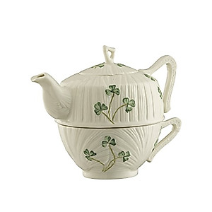 Belleek Pottery Harp Shamrock Tea for One, Green/White