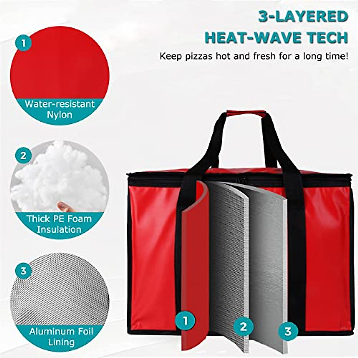 cherrboll Insulated Pizza Delivery Bag, 20 by 20 by 14 -Inch, Commercial Grade Food Delivery Bag, Moisture Free (Red)