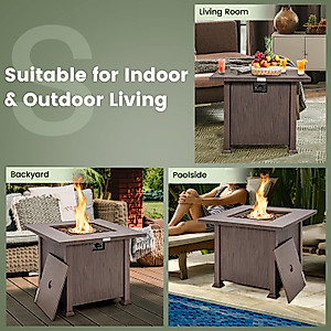 HAPPYGRILL 32” Propane Fire Pit Table, 50,000 BTU Outdoor Propane Gas Fire Table with Wood-like Tabletop, Lid and Lava Rocks, Square Auto-ignition Propane Firepit with PVC Cover