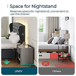 LINSY Upholstered Queen Bed Frame with 4 Drawers, RGB Lights, Fast Charger and Headboard - No Box Spring Needed, Dark Grey