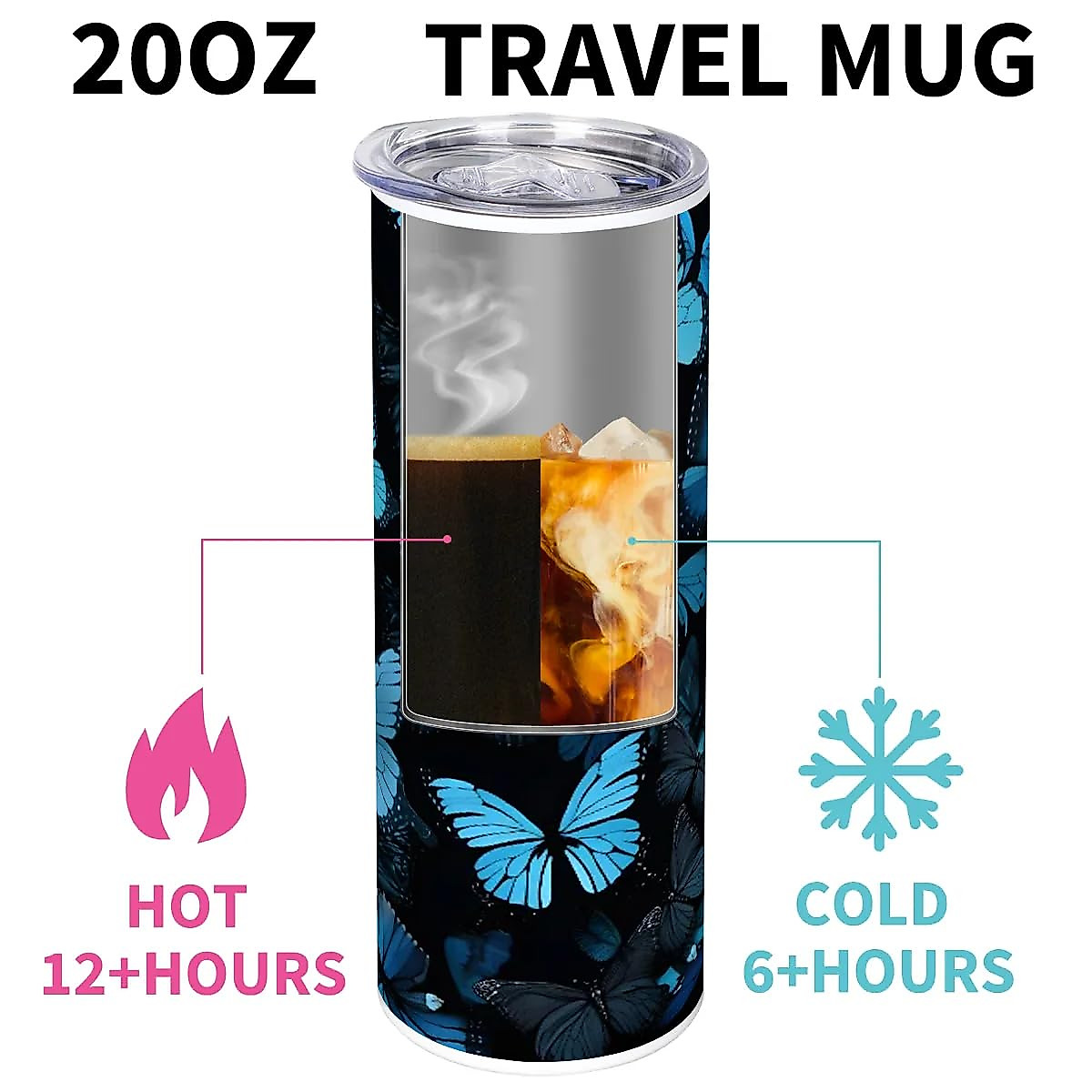 Honeybaby Blue Butterfly Coffee Tumbler 20 oz with Straw & Lid Leak Proof Tumbler Reusable Stainless Steel Tumblers Insulated Water Bottles Gifts for Women Men