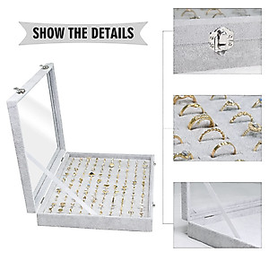 Siveit Ring Display Case Organizer Box with Transparent Lid 100 Slot Holder Showcase For Store Display Jewelry Show Home Organizer For Jewelry Rings Studs Earrings (Grey)