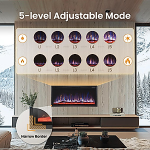 PHI VILLA 30 Inch Electric Fireplace Inserts, Wall Mounted & Recessed Electric Fireplace Heater Low Noise with Remote Control, Timer, Touch Screen, Adjustable Flame Color, 1500W (Black)
