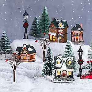 Queekay Christmas Winter Village Houses Set Christmas Miniature Resin Ornament Kits Cedar Bare Branch Tree Street Lamp Room Decor(Retro Style)