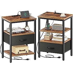 SUPERJARE Nightstand Set of 2, Bed Side Tables with Charging Station, Adjustable Fabric Drawer, Night Stand for Bedroom, 3-Tier Storage End Tables, for Living Room, Rustic Brown and Black