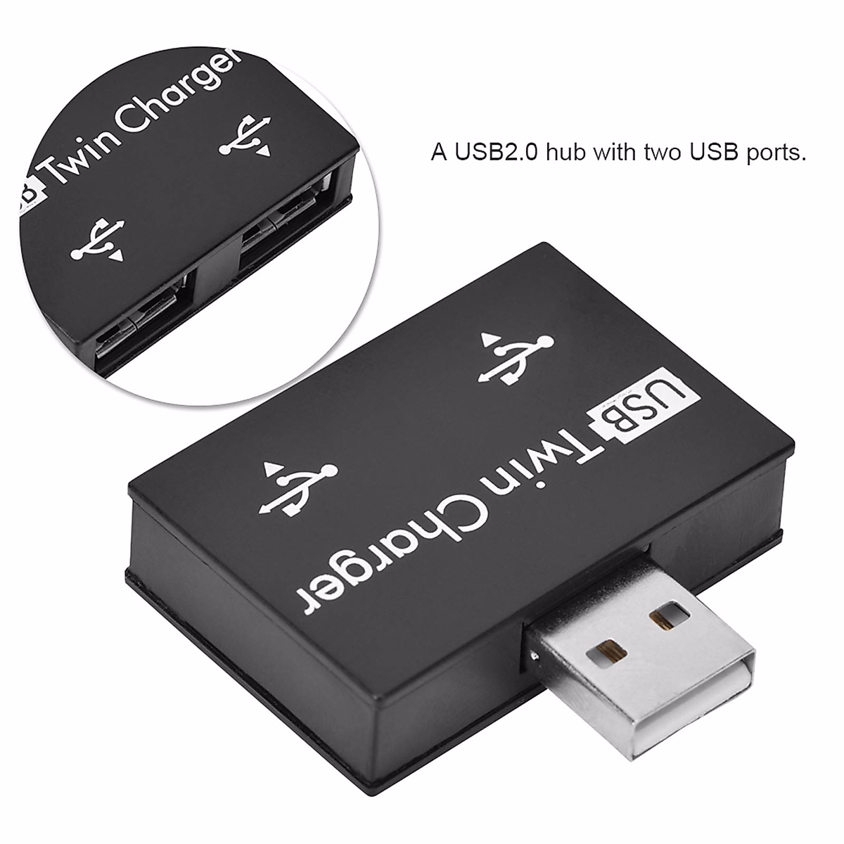 Portable Male to 2 Port USB Twin Charger USB Hub, USB2.0 Hub Adapter, Plug and Play for Mobile Device with USB Port(black)
