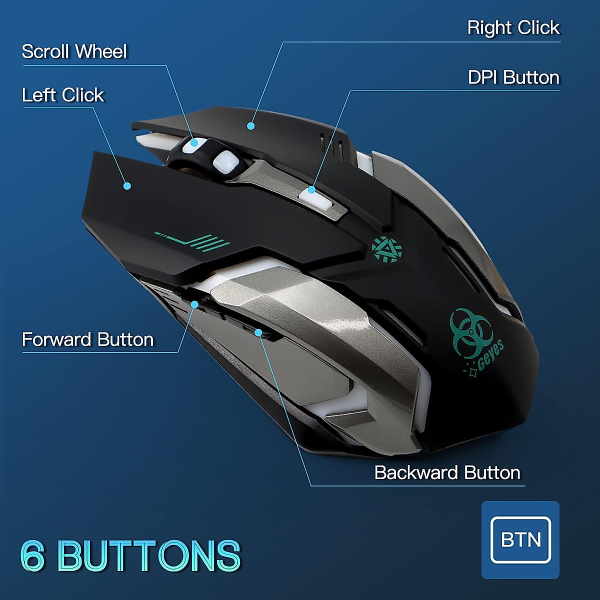 VEGCOO Wireless Gaming Mouse, C8 Silent Click Wireless Rechargeable Mouse with Colorful LED Lights and 3 Level DPI 400mah Lithium Battery for Laptop and Computer (Black)