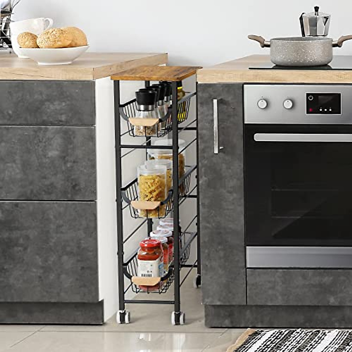 Shinoske Slim Rolling Storage Cart,4-Tier Rolling Kitchen Cart,Narrow Utility Cart with Pull-Out Basket and Wooden Top,for Ktichen,Bathroom,Laundry Room,Small Space,Rustic Brown