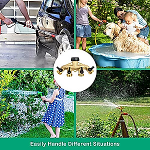 Hourleey Brass 4 Way Heavy Duty Garden Hose Splitter, Water Hose Splitter for 3/4" Hose Connector, Hose Faucet Splitter Hose Spigot Adapter 4 Valves with 4 Rubber Washers & Tape