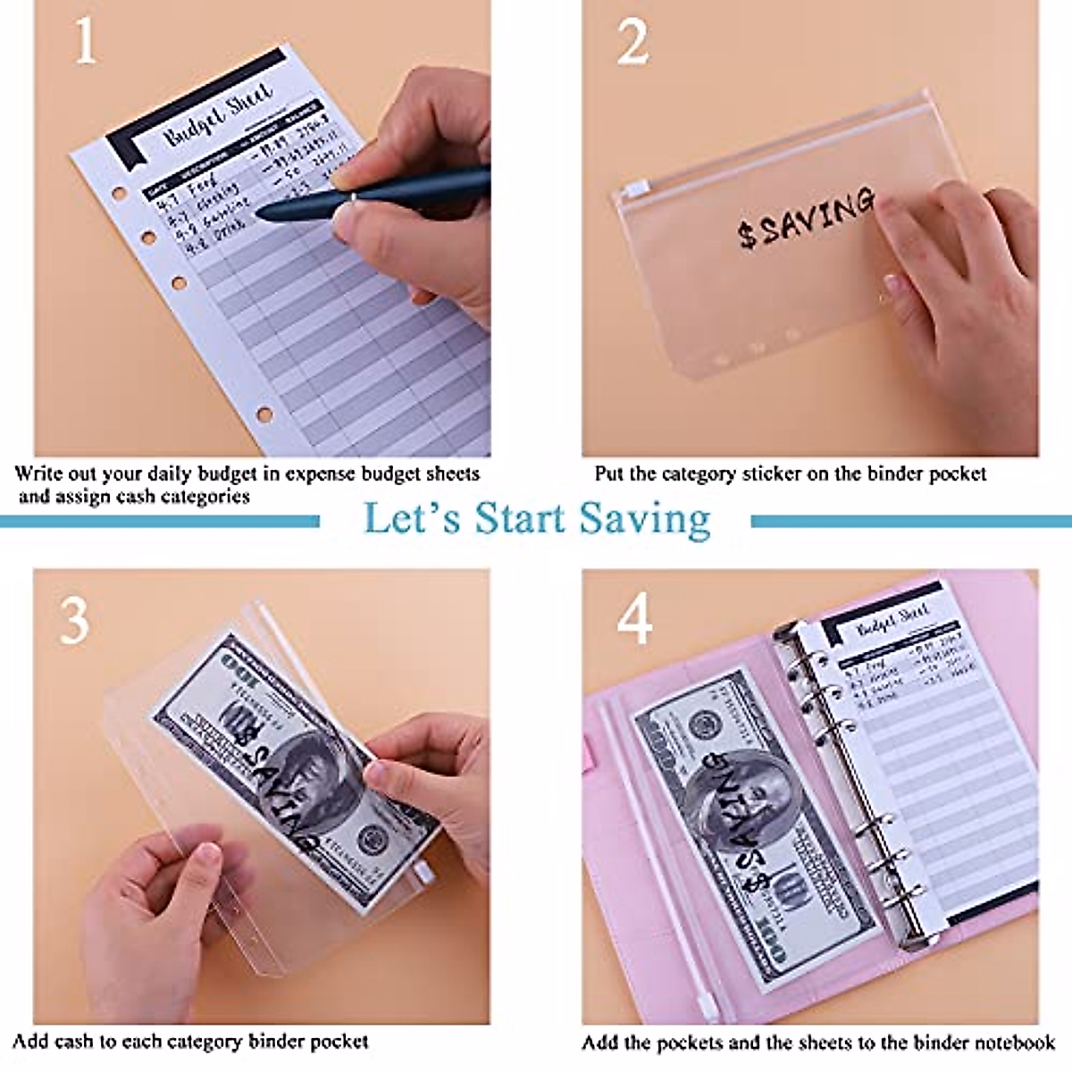 Antner Budget Binder with Zipper Envelopes & Expense Tracker Sheets for Budgeting, A6 Money Saving Binder, Budget Book Planner with Cash Envelopes, Savings Binder for Money Saving, Pink