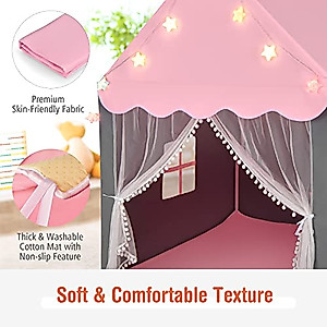 Costzon Kids Play Tent, Playhouse Tent w/Washable Cotton Mat, Star String Lights, Windows, Bottom Zippers, Large Indoor & Outdoor Castle Fairy Tent, Easy Assembly, Gifts for Boys & Girls (Pink)