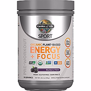 Garden of Life Sport Organic Plant Based Energy + Focus Clean Pre Workout Powder, with 85mg Caffeine, Natural No Booster, B12, Vegan, Gluten Free, Non-GMO, Blackberry, 15.3 Oz