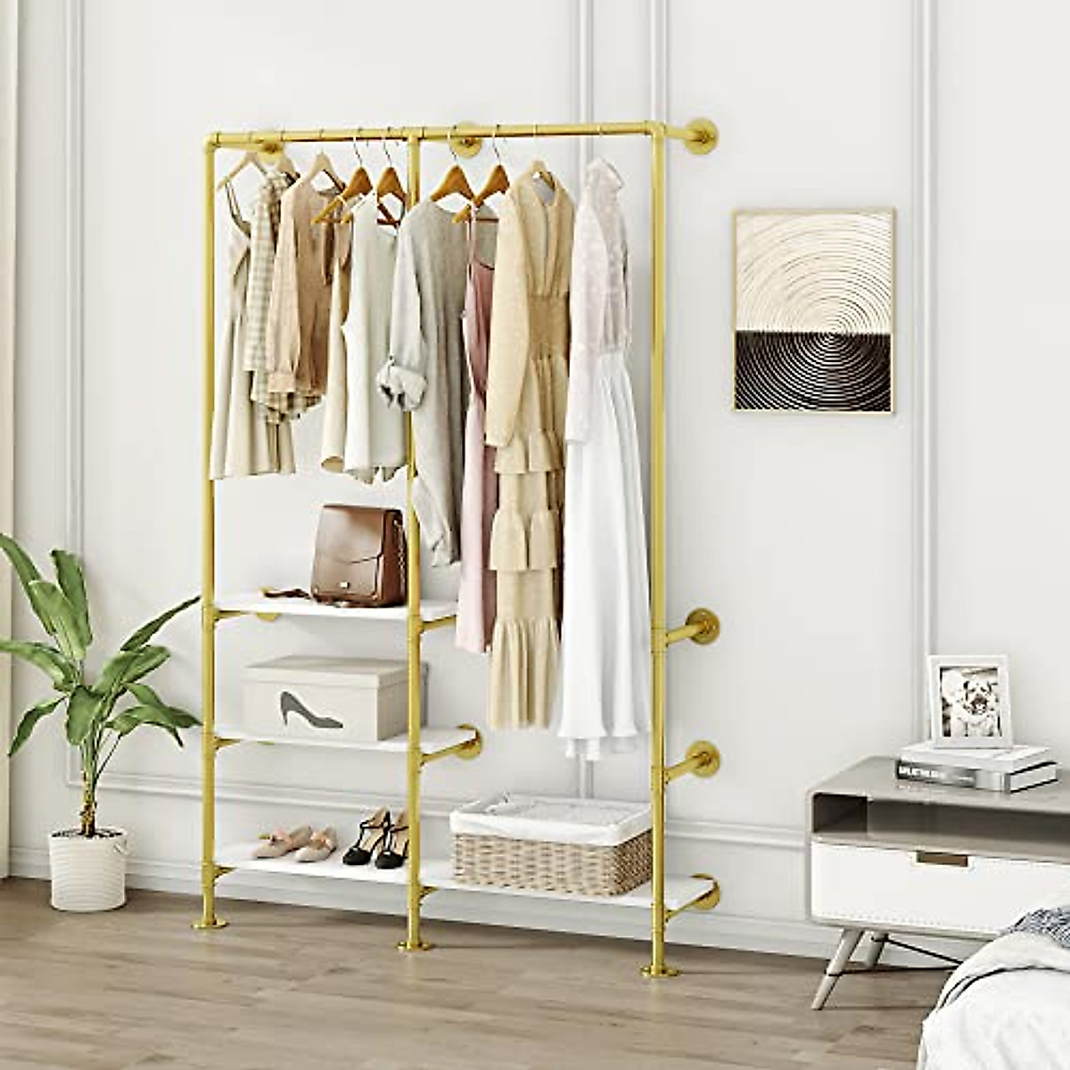 HEONITURE Gold Clothing Rack with 3-Tier Shelves, Multi-Purpose Heavy Duty Industrial Pipe Clothes Rack, Wall Mounted Garment Hanging Rods for Closet and Bedroom (Gold)