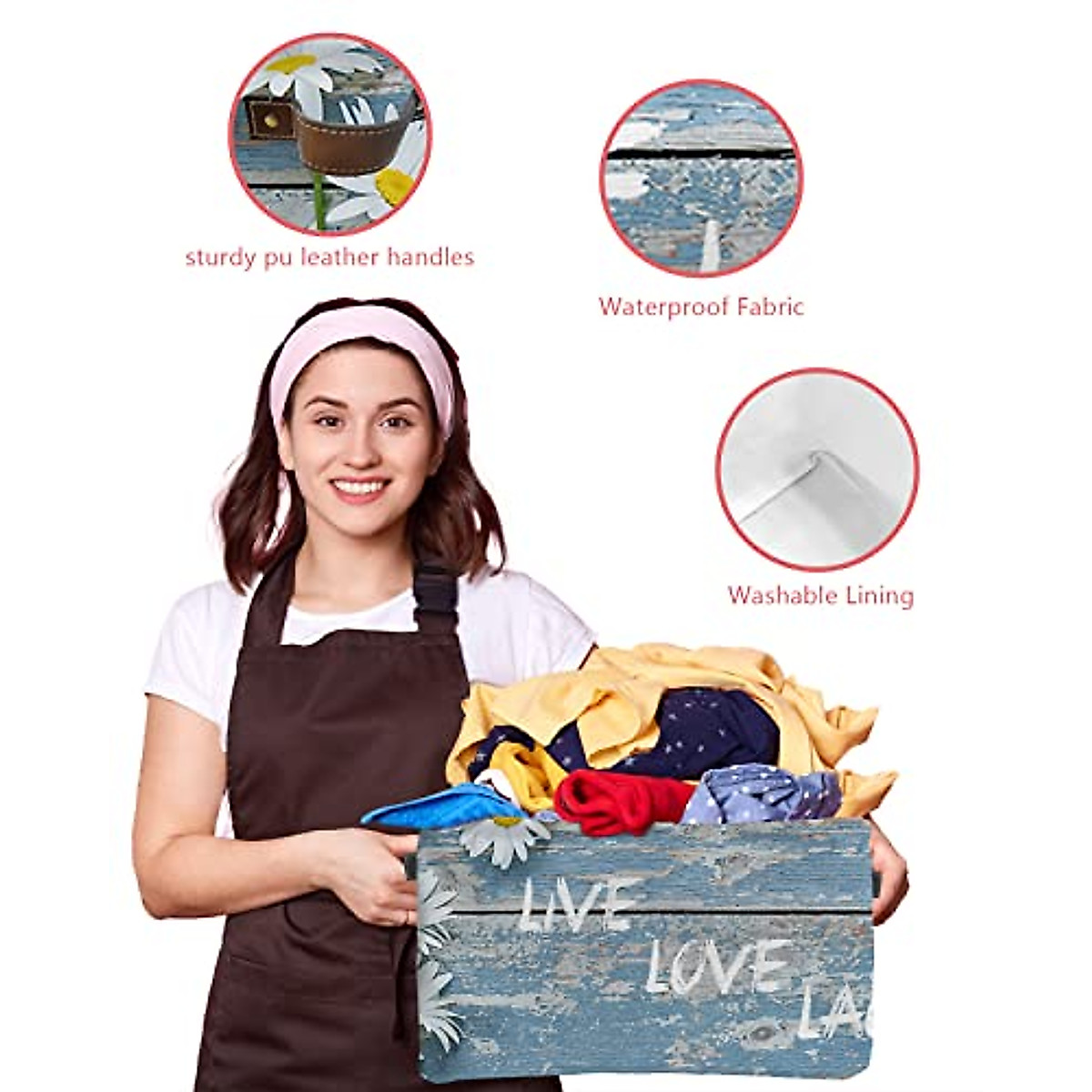 Storage Organizer Bins Set of 1 Storage Baskets for Clothes on Shelves With Handles Live Love Laugh Farm White Daisy Flower Rustic Old Wooden Blue Rectangular Fabric Laundry Baskets for Organizing