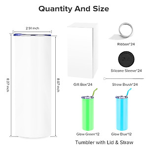 FASTSUB 24 Pack Sublimation Tumblers 20 oz Blank Bulk Luminous Cups Glow in the Dark Straight Double Wall Vacuum Insulated with Lids and Straws for Tumbler Heat Press Glow Green Glow Blue
