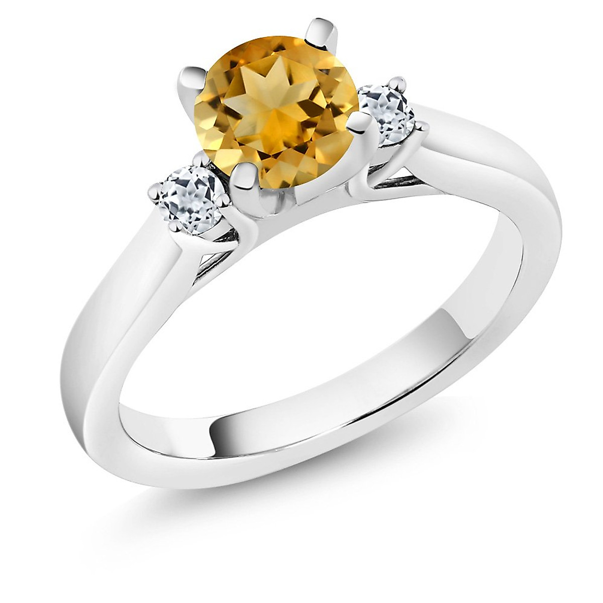 Gem Stone King 925 Sterling Silver Yellow Citrine and White Topaz 3-Stone Engagement Ring For Women (0.98 Cttw, Round 6MM, Gemstone November Birthstone, Size 8)