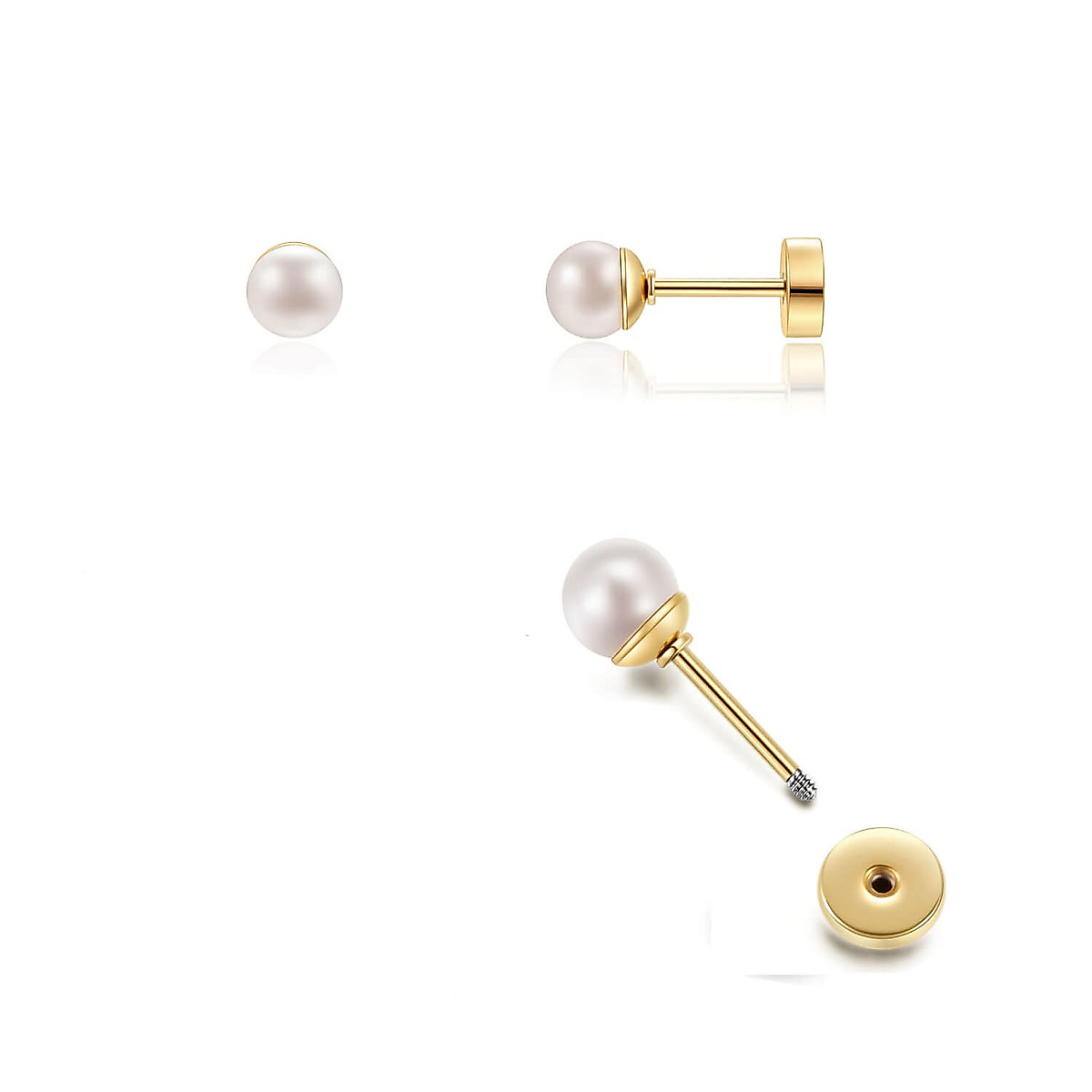 14K Gold Screw Back Pearl Stud Earrings for Women,Flat Back Pearl Cartilage Earrings Pearl Helix Earrings Hypoallergenic 316L Surgical Steel Piercing Jewelry Gift for Toddlers (5mm Pearl, Gold)