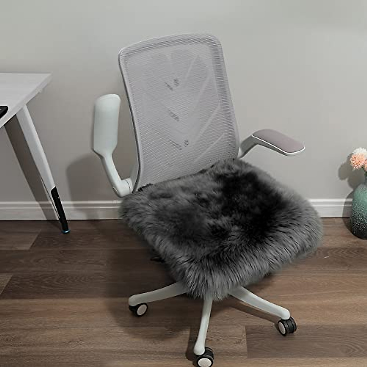 IRIWOOL Square Fur Sheepskin Chair Cover Seat Cushion Pad Super Soft Area Rugs for Living Bedroom Sofa 18" x 18" (Pack of 1), Dark Gray