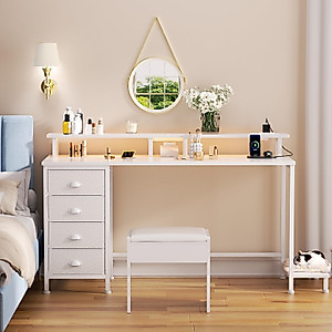 Furologee 55in Computer Desk with 4 Drawers, LED Gaming Desk with Power Outlets, Office Desk with Full Monitor Stand and Storage Shelf, Study Work Desk for Home Office Bedroom, White