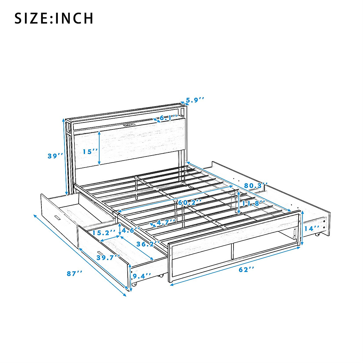 Bellemave Full Metal Bed Frame with Wooden Headboard and USB Ports Full Size Platform Bed 2-Tier Storage Headboard and Charging Station, Noise-Free, No Box Spring Needed, White