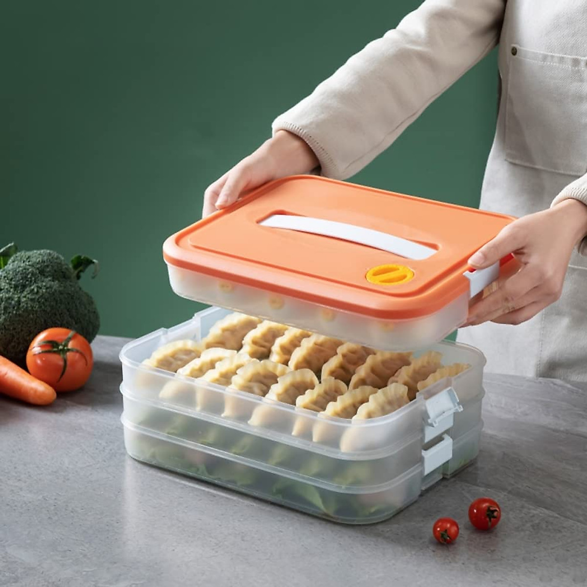 DOITOOL Dumpling Freezer Case Refrigerator Food Storage Container Box: 3- Layer Flat Fridge Organizer case with lids Plastic Stackable Food Keeper Tray for Dumpling wonton Food Preservation Tray