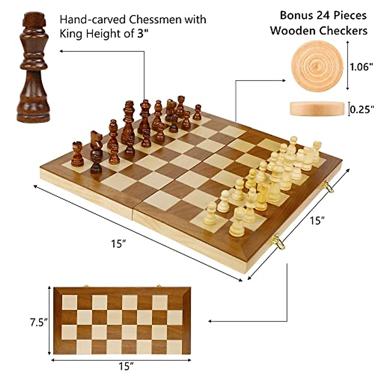 Juegoal 15" Wooden Chess & Checkers Set, 2 in 1 Board Games for Kids and Adults, with Felted Game Board Interior for Storage, Travel Portable Folding Chess Game Sets, Extra 24 Wooden Checkers Pieces