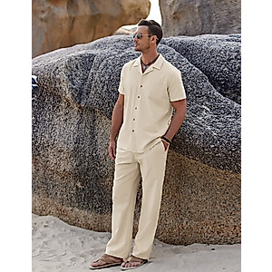 COOFANDY Men Beach Linen Outfits Sets 2 Piece Cuba Guayabera Shirts Summer Island Sets