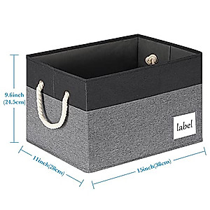 RVSNQ Large Fabric Storage Bins, Closet Storage Bins with Cotton Rope Handle and Label, Foldable Storage Boxes for Organizing, Storage Baskets for Shelves Bedroom Closet Office(3-Pack, Grey&Black)