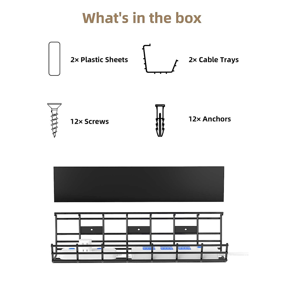 2 Pack Under Desk Cable Management Tray, 16.5'' Desk Cable Organizer Metal Wire Cord Management Under Desk Organizer for Office, Home, Black