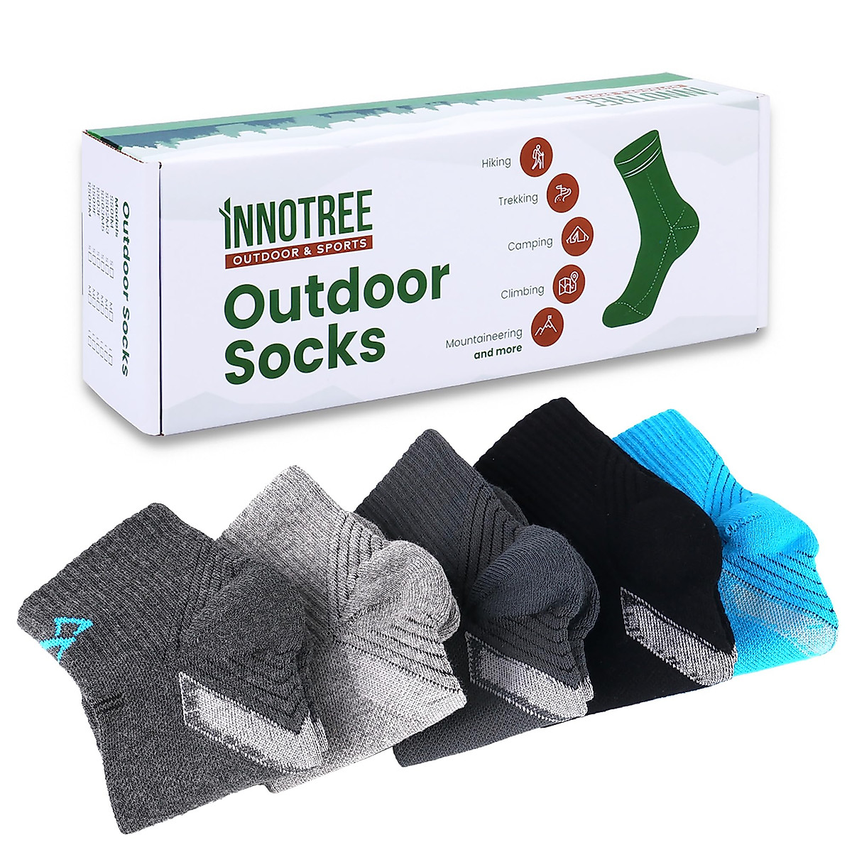innotree 5 Pack Men's Cushioned Hiking Walking Running Socks,Moisture Wicking Multi Performance Quarter Crew Athletic Cotton Socks