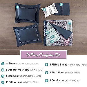 Intelligent Design Complete Bed In A Bag Casual Boho Comforter with Sheet Set Decorative Pillow, All Season Bedding Set, Queen, Loretta Navy 9 Piece