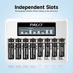 Palogreen Rechargeable AA Batteries with Charger 8 Pack 1.5V AA 3400mWh Li ion Batteries and 8 Bay Fast LCD Display Charger for Xbox Controller, Toys, Remote Controls