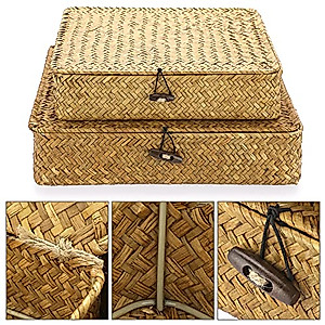 Hipiwe Set of 2 Flat Woven Wicker Storage Bins with Lid Natural Seagrass Basket Boxes Multipurpose Home Organizer Bins Boxes for Shelf Organizer, Caramel