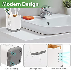 Boperzi Toothbrush and Toothpaste Holder with Bamboo Divider for Bathroom Countertop Organizer, Plastic Detachable Anti-Slip Large Electric Toothbrush Holders Storage Caddy Drainage for Family, Kids