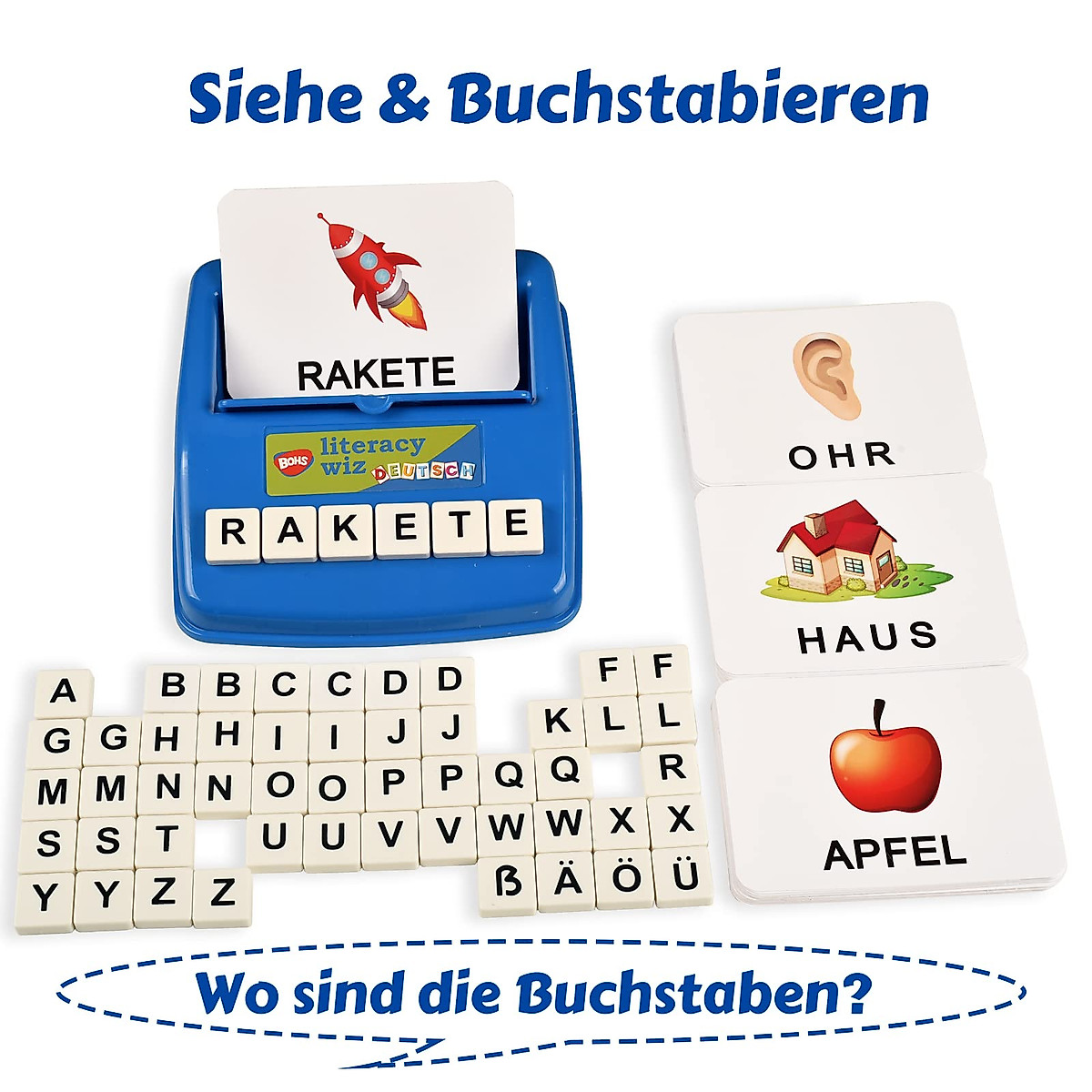 BOHS German Literacy Wiz Fun Game - See and Hide Spelling - Preschool Language Learning Educational Toys