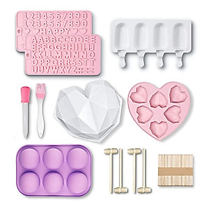 AOYOCO Chocolate Molds Silicone - 2 Sizes Breakable Heart Molds, Popsicle Molds w/ 4 Wood Hammers & 50 Sticks, Mothers Day Chocolate Mold, Number & Letter Molds, for Celebration, Birthday