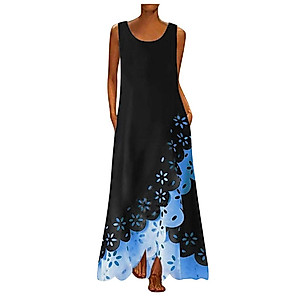 F_Gotal Women's Summer Boho Sleeveless Floral Print Tank Long Maxi Dress Beach Sundress Cocktail