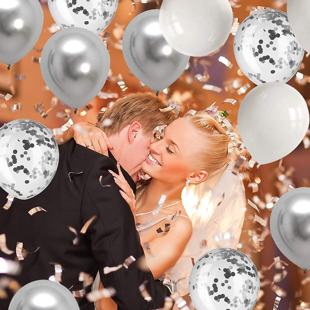 RIIMUHIR White Silver Confetti Party Balloons - 60 Pcs 12inch White Pearl Silver Metallic Chrome Latex Balloon Set with 33Ft Silver...