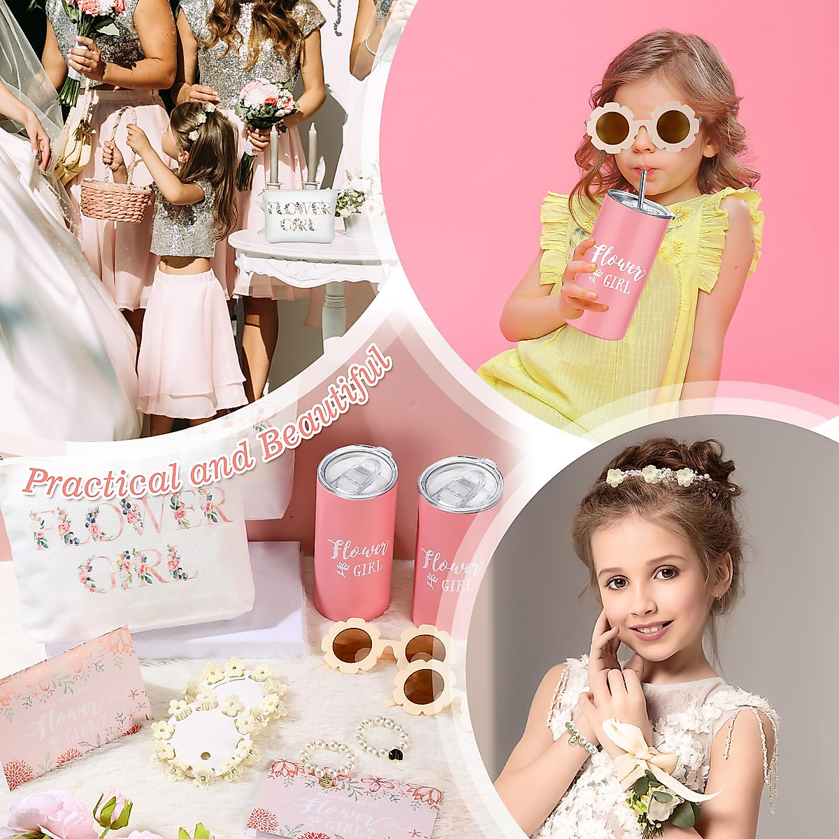 Inbagi 12 Pcs Flower Girl Set Including Flower Girl Tumbler Round Flower Sunglasses Canvas Bag Will You Be My Flower Girl Proposal Card Bracelet Hair Clip for Wedding Engagement Bridal Party(Pink)