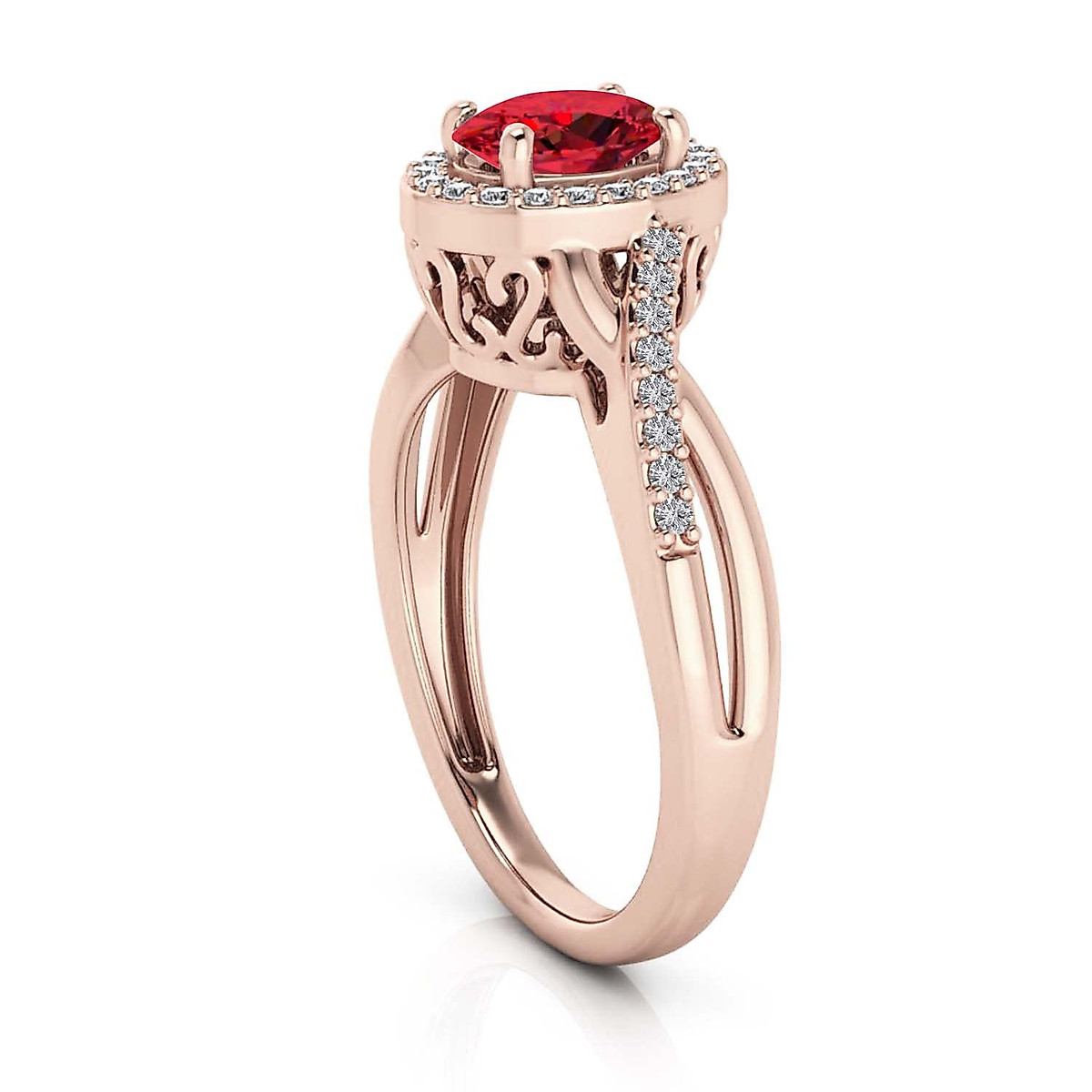 Pretty Jewels Center 7X5MM Oval Cut Lab Created Ruby Gemstones And Natural White Diamond Infinity Halo Solitaire Engagement Rings for Women 14k Rose Gold Gift For Her (0.88 Cttw) Size-6