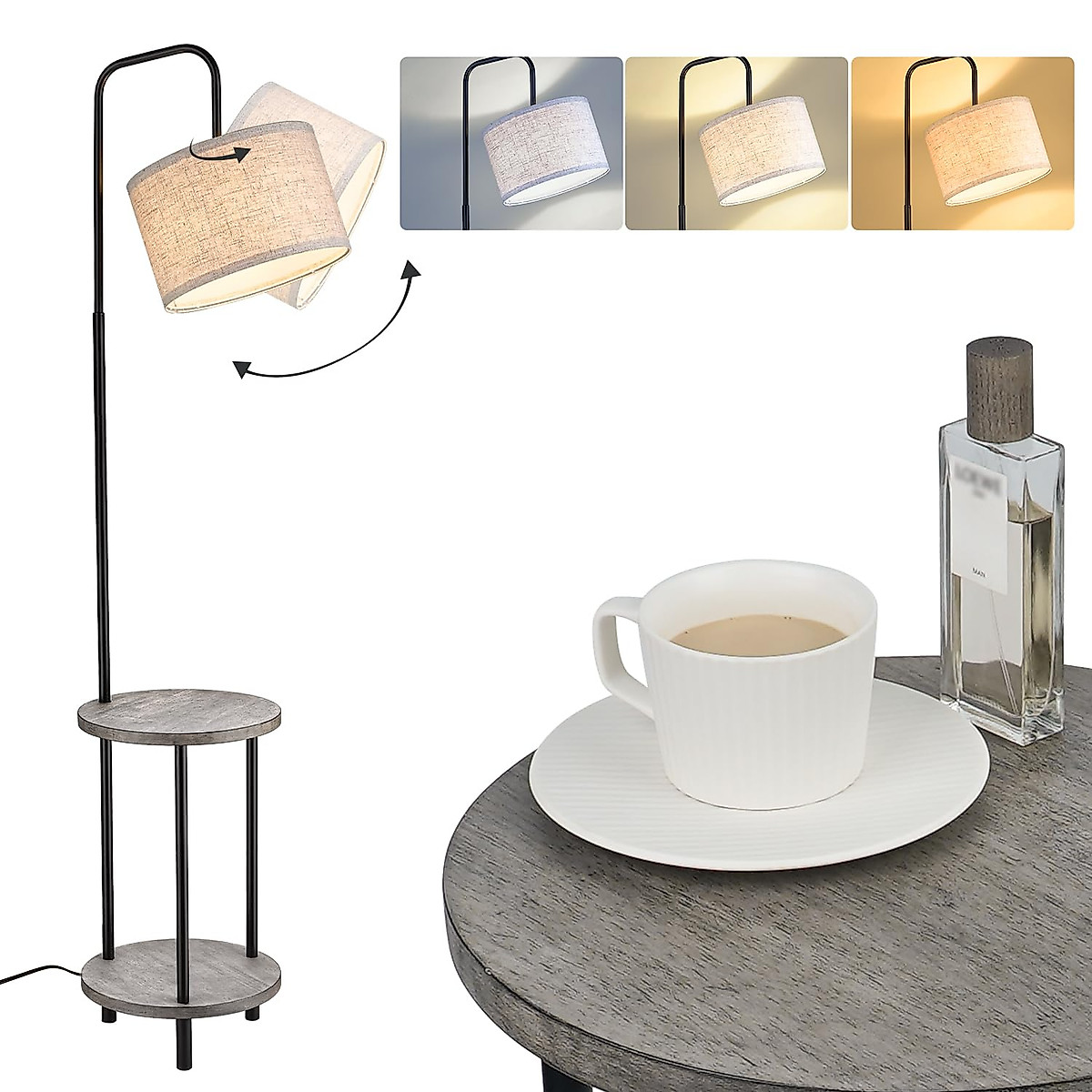 ELYONA Modern Floor Lamp with End Table, Rubber Wood Bedside Table Lamp with Adjustable Drum Shade, Rustic Tall Pole Shelf Reading Standing Light for Farmhouse Bedroom, Living Room, Office - Walnut