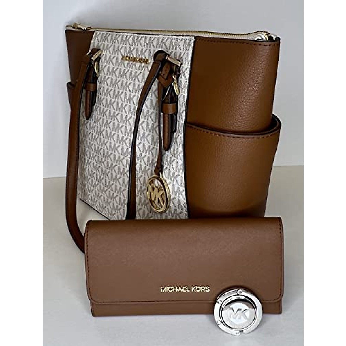 Michael Kors Charlotte Large Zip Tote bundled with matching Trifold Wallet and Purse Hook (Vanilla MK/Luggage)