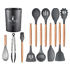 ICVKRJ 12 Pcs Silicone Cooking Utensils Kitchen Utensil Set - 446°F Heat Resistant,Turner Tongs, Spatula, Spoon, Brush, Whisk, Wooden Handle Gray Kitchen Gadgets with Holder for Nonstick Cookware
