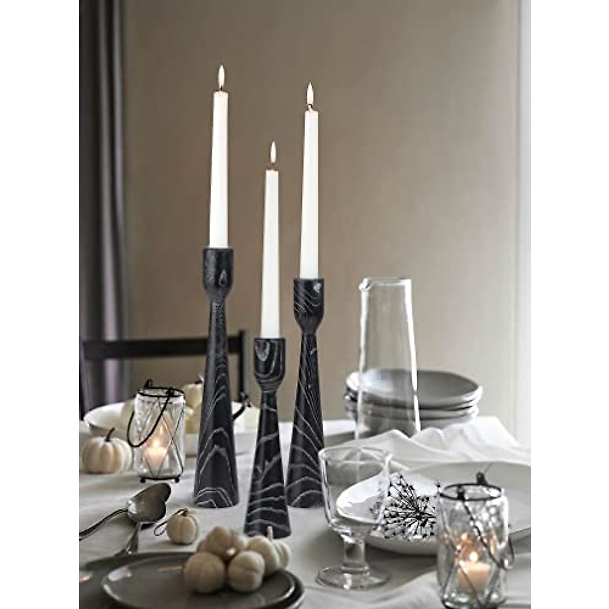 Vixdonos Black Candlestick Holder Set of 3 Wood Taper Candle Holders with Elegant Carved Tree Texture