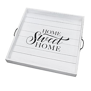 Stonebriar Square Worn White Home Sweet Home Decorative Wooden Tray with Metal Handles