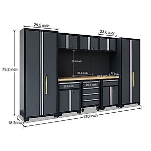 4utoHydra 9-Piece Workshop Cabinet Set w/Pegboard in Grey with Workbench - Perfect for Organizing Tools - Included Steel Cabinets Drawers Shelving Rolling Chest New