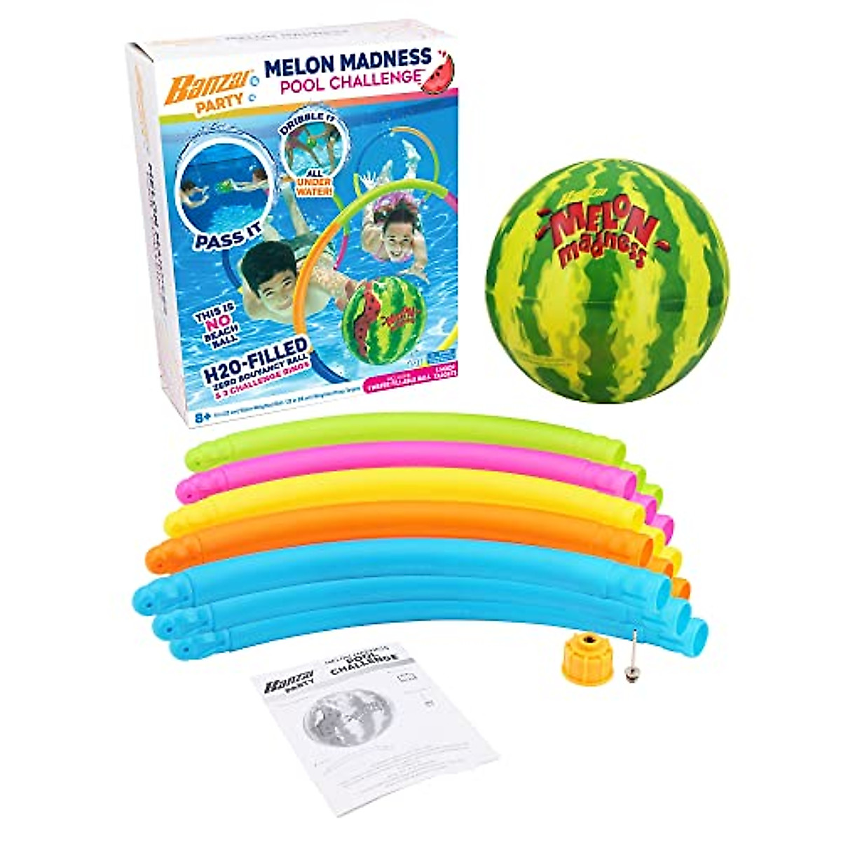 BANZAI Melon Madness Pool Challenge Underwater Water-Filled Ball w/ 3 22-inch Diameter Target Hoops, Garden Hose Adapter, and Underwater Ball