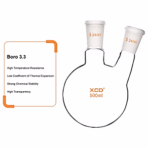 XCD Round Bottom Flask with 2 Necks, Borosilicate Glass Round Bottom Flask RBF Heavy Wall 2 Neck Lab Flask with 24/40 Center and Side Standard Taper Outer Joint (500 ml)