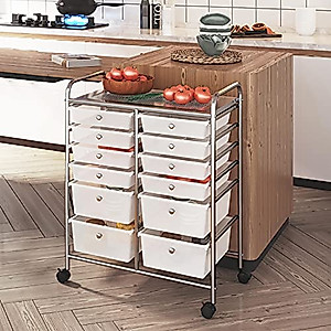 Utility Cart with 12 Drawers Rolling Multipurpose Movable Organizer Cart Storage Bin Trolley Tools Scrapbook Paper Organizer on Wheels(White)